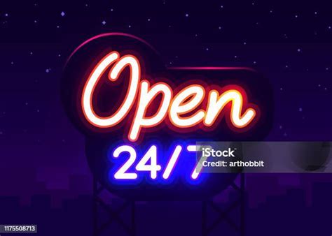 24 7 네온 신보드 벡터 하루 종일 네온 사인 디자인 템플릿 현대적인 트렌드 디자인 야간 간판 야간 밝은 광고 조명 배너를 엽니다 24 시간 영업 표시에 대한 스톡 벡터