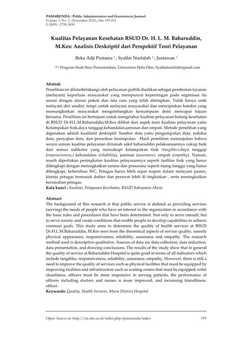 Pdf Kualitas Pelayanan Kesehatan Rsud Dr H L M Baharuddin Mkes Analisis Deskriptif Dari