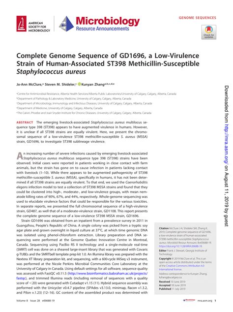 Pdf Complete Genome Sequence Of Gd1696 A Low Virulence Strain Of Human Associated St398
