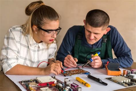 Premium Photo Man And Woman Repairing Computer Motherboard In Workshop