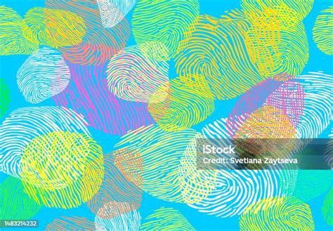 추상적인 지문 배경 직물을 위한 이음새가 없는 본 연한 파란색 배경에 여러 가지 빛깔의 손가락 피부 자국이 있습니다 Dna에 대한 스톡 벡터 아트 및 기타 이미지 Istock