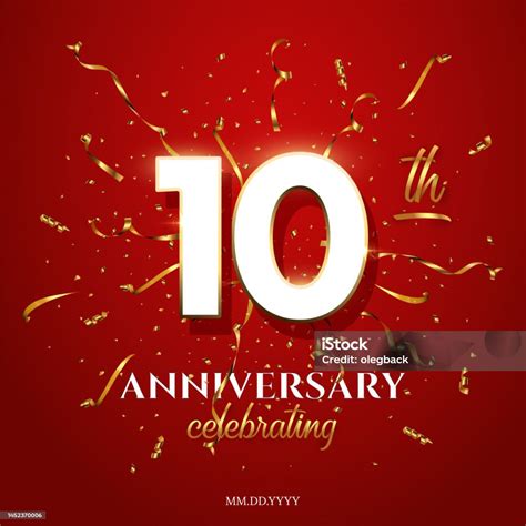 10 기념일 빨간색 배경에 황금 사문석과 색종이가 있는 텍스트를 축하합니다 벡터 10 주년 기념 행사 사각형 템플릿 골드