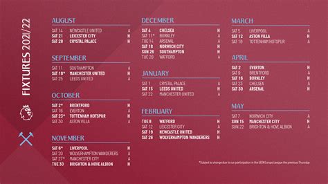 West Ham United 202122 Fixtures Every Home And Away Premier League
