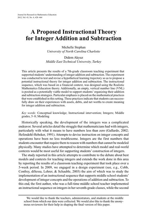 Pdf A Proposed Instructional Theory For Integer Addition And Subtraction