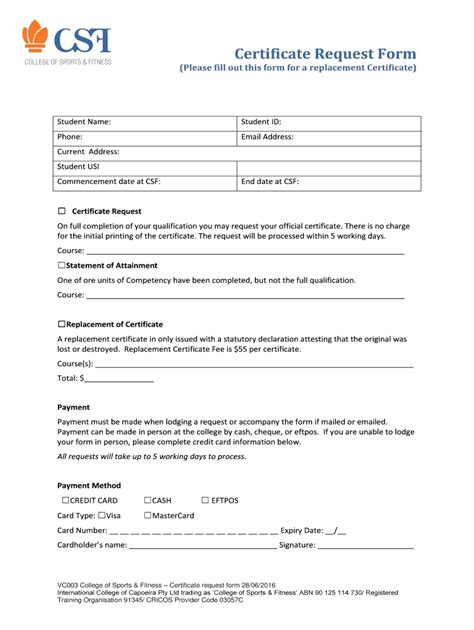 Fillable Online Csf Edu Certificate Request Form Au Csf Edu