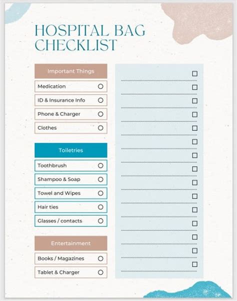 Printable Hospital Bag Checklist Caregiver Instructions House Sitter Information And
