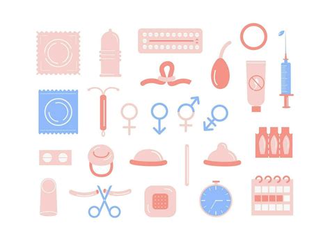 Contraception Colored Flat Icons Set Birth Control Methods Contraceptive Patch Hormonal Ring