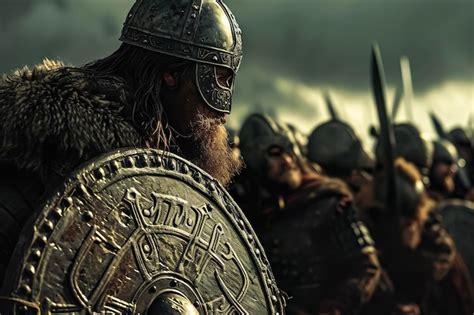 A Warrior Holding A Shield Protecting His Comrades In Arms Premium Ai