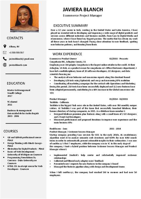 Free Cv Template 11 Cv Formatting JAVIERA BLANCH Ecommerce Project Manager EXECUTIVE SUMMARY