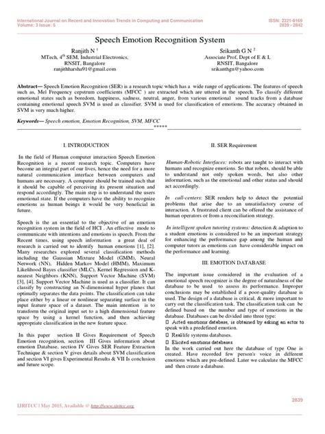 Speech Emotion Recognition System Pdf Support Vector Machine
