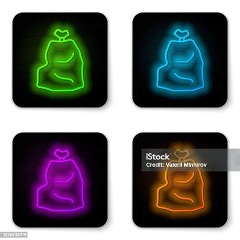 흰색 배경에 격리 빛나는 네온 라인 쓰레기 봉투 아이콘 검은 정사각형 버튼 벡터 일러스트레이션 가득 찬에 대한 스톡 벡터 아트 및 기타 이미지 Istock