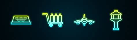 세트 라인 택시 자동차 지붕 트롤리 수하물 비행기 및 공항 관제탑 빛나는 네온 아이콘입니다 벡터 가방에 대한 스톡 벡터 아트 및 기타 이미지 Istock