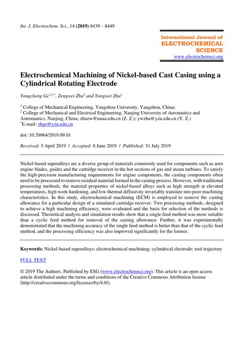 Pdf Electrochemical Machining Of Nickel Based Cast Casing Using A