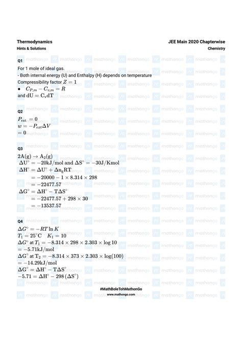Solution Thermodynamics Solutions Jee Main 2020 Chapterwise Question