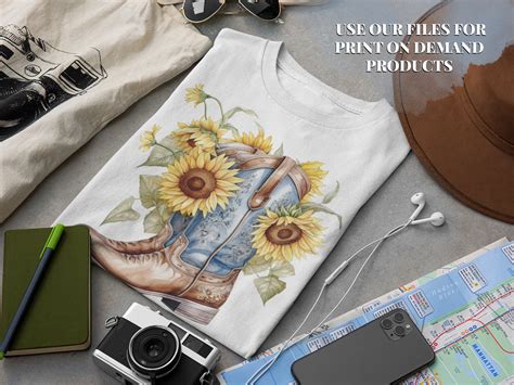 Cowgirl Boots And Sunflower Watercolor Png Commercial Use Clip Art