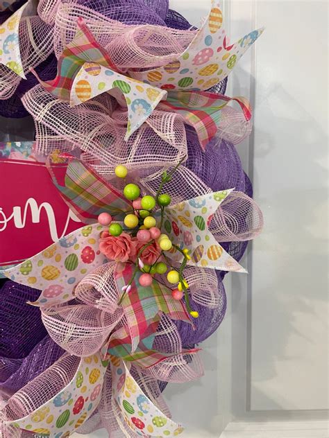 Spring Deco Mesh Welcome Wreath Spring Wreath Purple And Pink