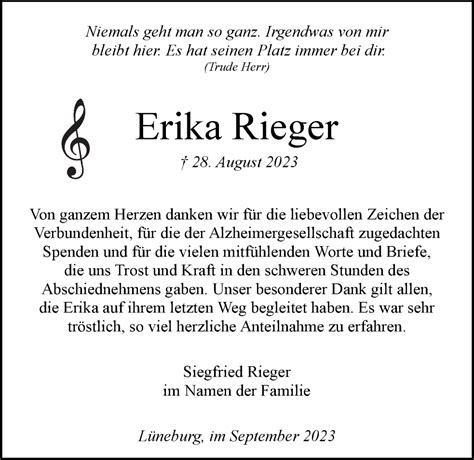 Traueranzeigen von Erika Rieger Trauer Lüneburg de