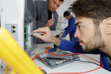 Engineer Training Male Apprentice On Cnc Machine Stock Image Image Of