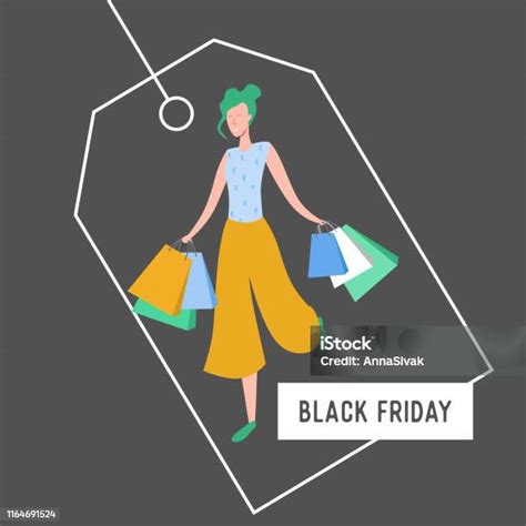 쇼핑 백과 선물을 가진 여자입니다 피플 캐릭터 빅 세일 할인 및 광고 배너 전단지 블랙 프라이데이 프로모션 포스터 컨셉 일러스트레이션 가방에 대한 스톡 벡터 아트 및 기타