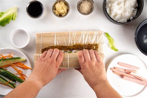 Cooking Process Making Homemade Kimbap Stock Image Image Of Kimbap