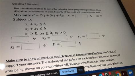 Solved Question 6 20 Points Use The Simplex Method To
