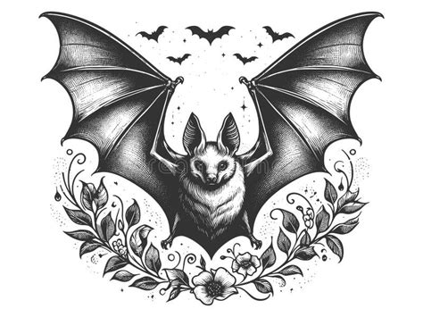 Bat With Ornate Wings And Floral Engraving Vector Stock Illustration