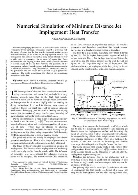 Pdf Numerical Simulation Of Minimum Distance Jet Impingement Heat Transfer
