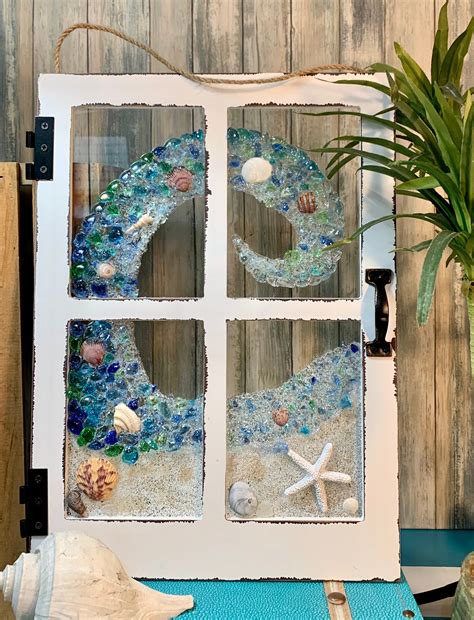 Sea Glass Art Glass Mosaic Wave Coastal Window Frame Etsy Sea Glass