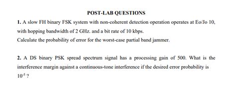 Solved Post Lab Questionsa Slow Fh Binary Fsk System With