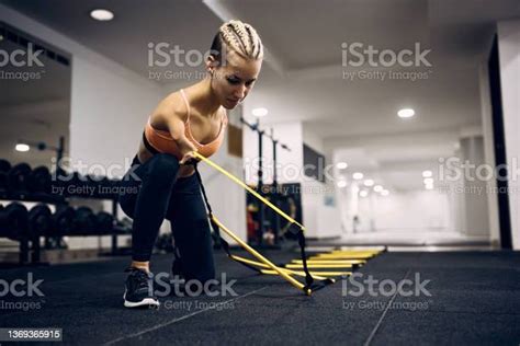 체육관에서 스포츠 훈련 하는 동안 발 민첩성 사다리를 사용 하 여 장애인 운동 여자 교차 훈련법에 대한 스톡 사진 및 기타 이미지 교차 훈련법 운동 장애 Istock