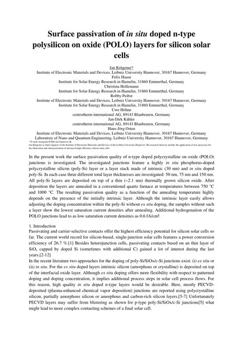 Pdf Surface Passivation Of In Situ Doped N Type Polysilicon On Oxide
