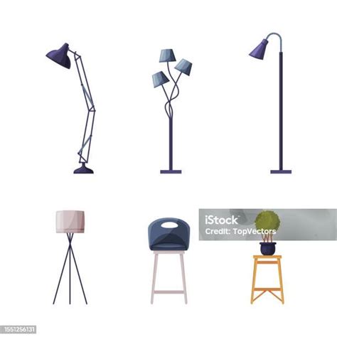 Item Interior Ruangan Modern Dengan Lampu Kursi Dan Set Vektor Tanaman