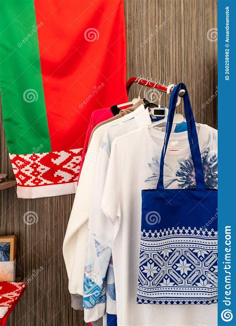 Belarusian Clothing And Symbols Store The Belarusian National Flag Is Hanging On The Wall Stock