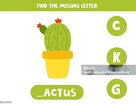 냄비에 만화 녹색 선인장과 함께 누락 된 편지를 찾으십시오 맞춤법 검사 워크시트 0명에 대한 스톡 벡터 아트 및 기타 이미지 0명 가시 교육 Istock