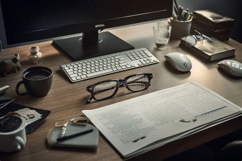 Ai Generated Illustration Of A Modern Computer Desk With A Cup Of Coffee Notebooks And Books