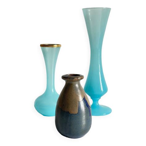 Vases Bleus En Gres Et Verre Opalin Vintage Selency
