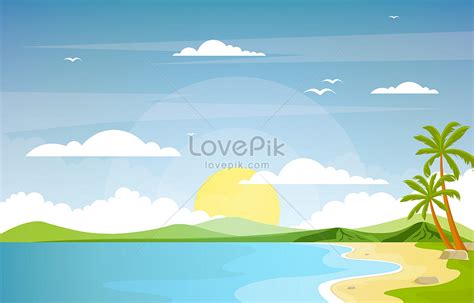 열대 해변 바다와 야자수 여름 벡터 일러스트 무료 다운로드 Lovepik