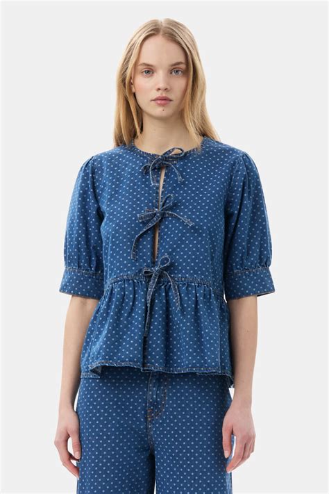 Mid Blue Stone Blue Polka Dot Denim Peplum Blouse Ganni