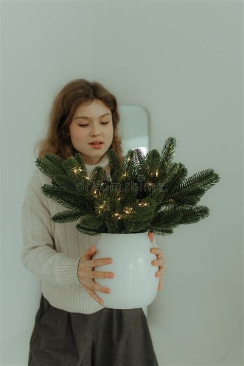Beautiful Festive Portrait Of A Teen Girl Christmas Light Home