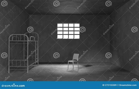 Dark Prison Cell With Bunk Bed Chair And Metal Bars On Window 3d