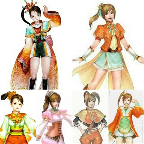 Four Pictures Of Women In Different Outfits One With An Orange Top And