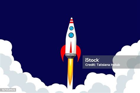 우주로 로켓 발사 아이디어 스타트업의 개념 상향 이동 플랫 스타일의 벡터 그림입니다 Ship Launch에 대한 스톡 벡터 아트
