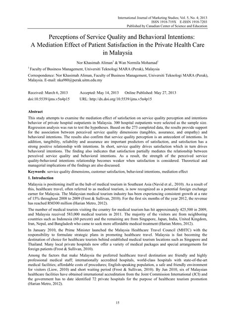 Pdf Perceptions Of Service Quality And Behavioral Intentions A Mediation Effect Of Patient