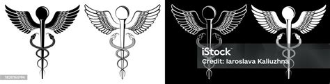 골드 Caduceus 의료 아이콘 벡터 흑백 스탬프 요소 세트입니다 날개 Caduceus 블랙 화이트 문신 로고 기호 서식 파일