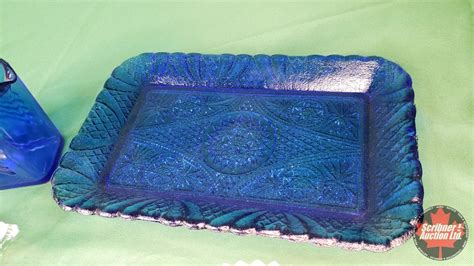 Glassware Grouping Clear And Cobalt Blue Depression Pitcher Service Tray Candy Dish