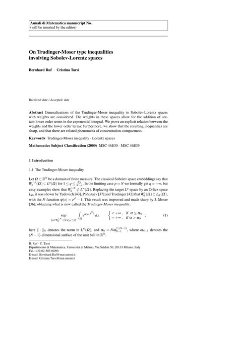 Pdf On Trudingermoser Type Inequalities Involving Sobolevlorentz Spaces