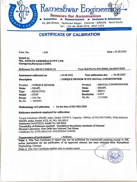 Torque Sensor Calibration Certificate Pdf