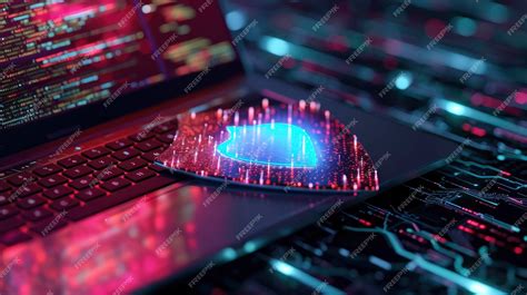Premium Ai Image Laptop With Shield Cyber Security Concept 3d Laptop And Cloud Data Under The