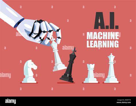 AI Machine Learning. Robot hand use white king checkmate the black king. Concept of machine ...