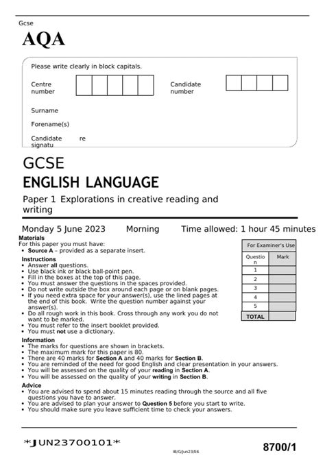 Aqa Gcse English Language Paper 1 June 2023 Question Paper Explorations In Creative Reading And